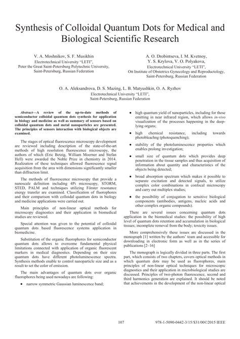 Pdf Synthesis Of Colloidal Quantum Dots For Medical And Biological Scientific Research