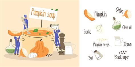 재료가 있는 호박 수프 레시피 플랫 벡터 그림 작은 사람들이 함께 수프를 만들고 있습니다 추수 감사절 저녁 식사 가을 음식 건강한 영양 요리 책 가을에 대한 스톡 벡터 아트
