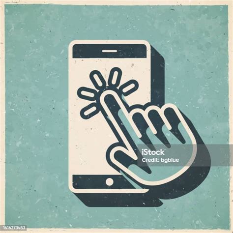 손으로 스마트폰을 터치합니다 복고풍 빈티지 스타일의 아이콘 오래된 질감의 종이 Brand Name Smart Phone에 대한