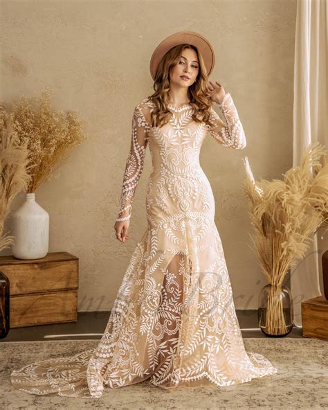 Long Sleeve Wedding Dress Boho Mermaid Dress Wedding Unique Lace Bridal