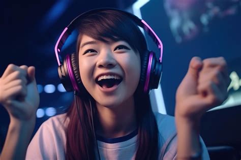Premium Ai Image A Woman With Long Black Hair Wearing Gaming Headset