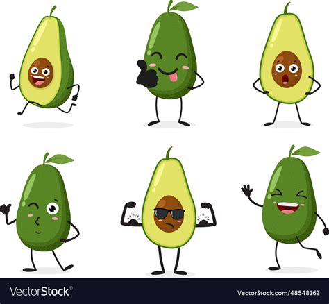 Cartoon Set Of Happy Avocado Characters Royalty Free Vector