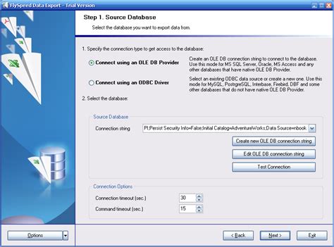 Flyspeed Data Export Establishing Source Database Connection