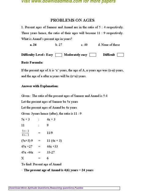 37 Problems On Ages With Solutions Pdf Mathematics Mathematical