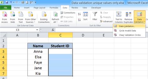 Excel Formula Data Validation Unique Values Only