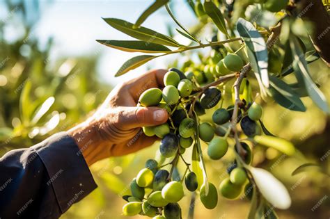 Premium Ai Image Hand Picking Green Olives On The Branch Close Up