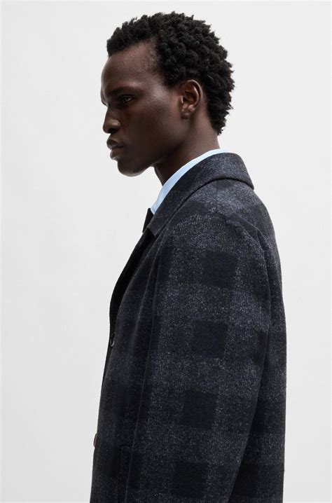 Boss Checked Jersey Coat In A Classic Fit Dark Blue