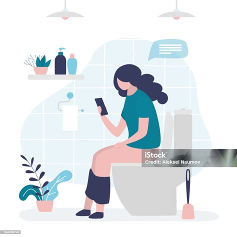 Gadis Duduk Di Toilet Dan Mengobrol Dengan Temanteman Karakter Wanita Berselancar Internet Di