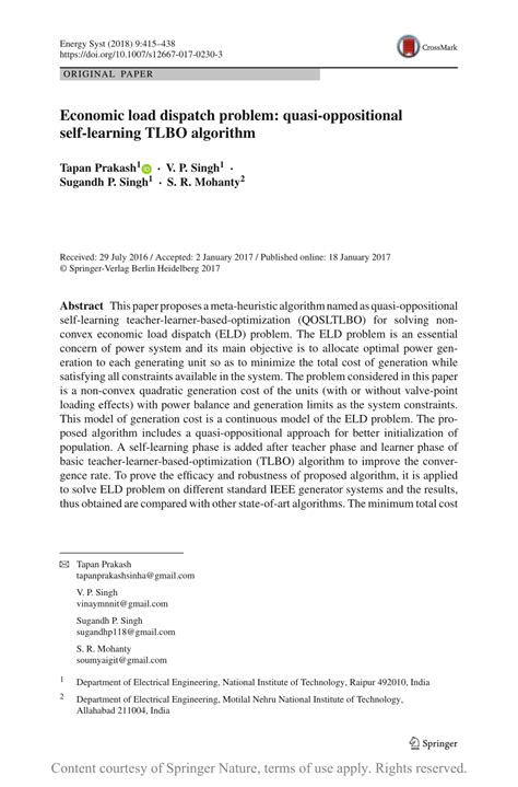 Economic Load Dispatch Problem Quasi Oppositional Self Learning Tlbo Algorithm Request Pdf