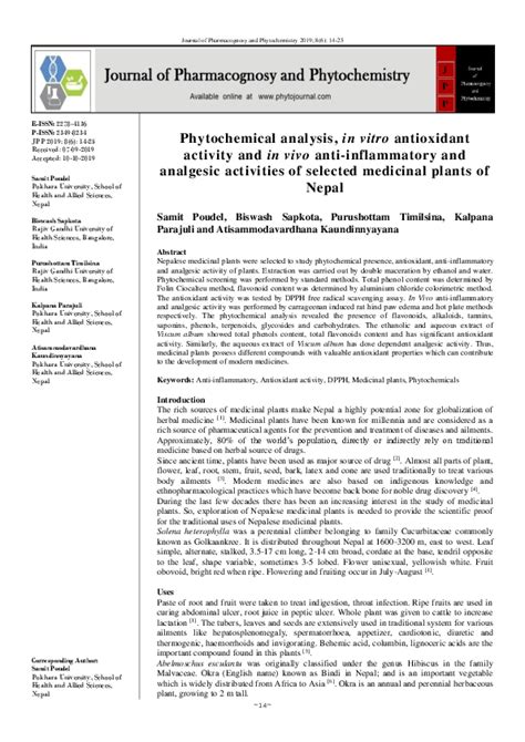 Pdf Phytochemical Analysis In Vitro Antioxidant Activity And In Vivo