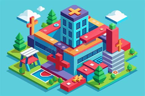 This Vibrant Illustration Depicts A Customizable Isometric Building Surrounded By Playful
