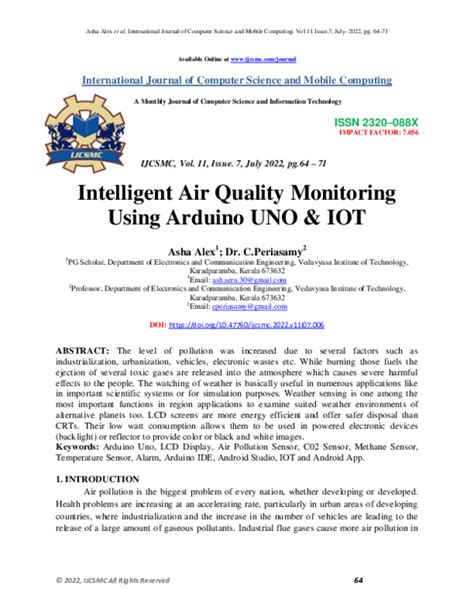 Pdf Intelligent Air Quality Monitoring Using Arduino Uno And Iot