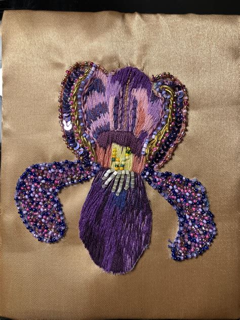 Beaded Iris Stitched On Gold Satin Rembroidery