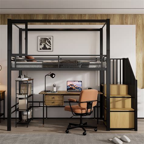 Cama Alta De Hierro Hierro Mdf Negro Natural Escalera Armario