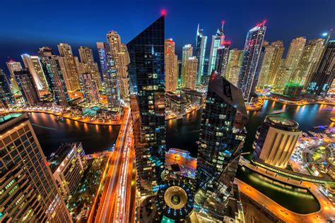 City Cityscape Night Dubai United Arab Emirates Water Architecture Building Modern