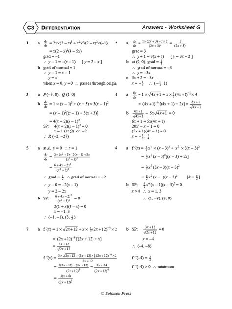 Worksheet G Further Product And Quotient Rule Questions Solutions Pdf