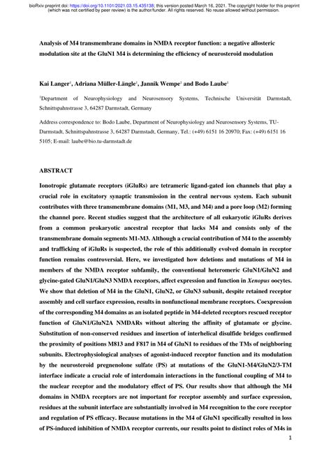Pdf Analysis Of M4 Transmembrane Domains In Nmda Receptor Function A