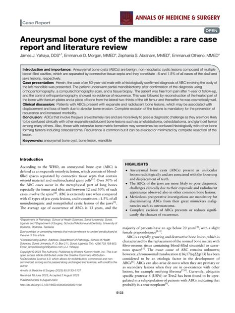 Aneurysmal Bone Cyst Of The Mandible A Rare Case Pdf Surgery