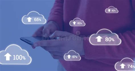 Animation Of Cloud Symbols Uploading Data Over Midsection Of Caucasian