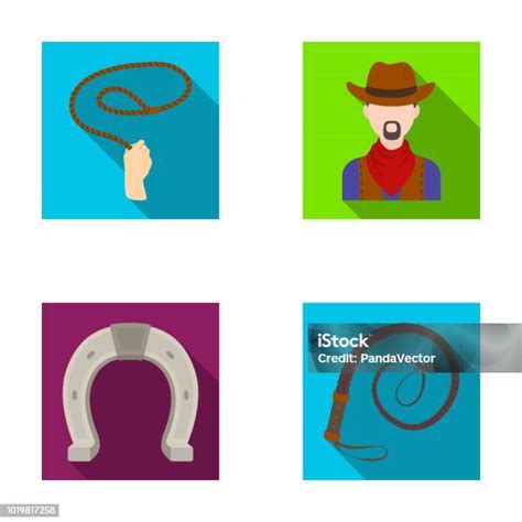 손 올가미 카우보이 호스 슈 채찍 로데오 평면 스타일 벡터 기호 재고 일러스트 레이 션 웹에서 컬렉션 아이콘을 설정합니다 대회에 대한 스톡 벡터 아트 및 기타 이미지