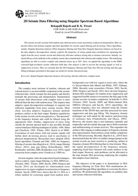 pdf 2d seismic data filtering using singular spectrum based algorithms