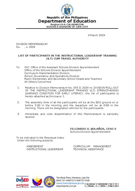 Division Memo Ilt Cum Travel Authority Department Of Education Region