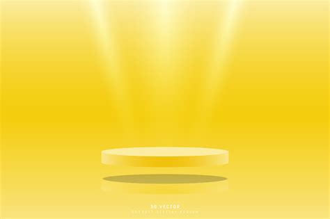 스튜디오 룸에서 공중에 떠 있는 사실적인 노란색 실린더 연단 무대가 있는 3d 배경 제품 프리젠테이션 모형 템플릿을 위한 최소한의 벽 장면 제품을 광고하거나 홍보하기 위한