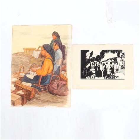 Lot Jane Messick Indiana 1908 1986 Two Works Basket Sellers Watercolor On Paper Train