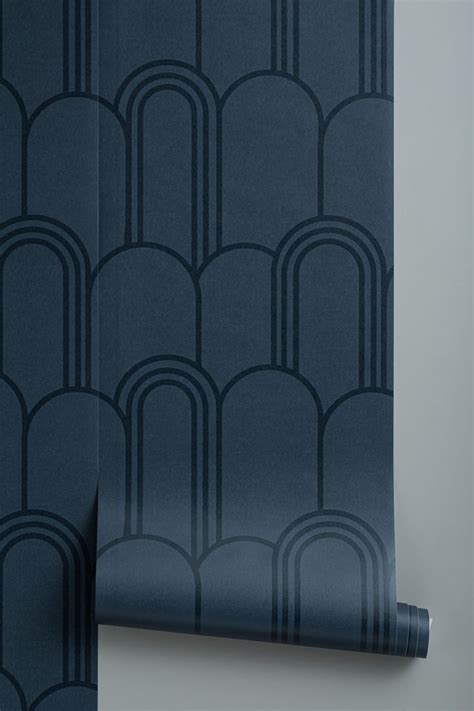 Navy Blue Art Deco Arch Pattern Wallpaper Hovia