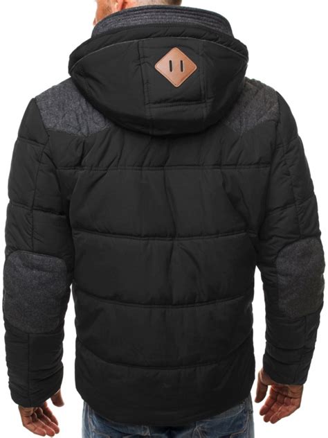 Зимно мъжко яке със сваляща се кожена качулка черно Онлайн магазин за мъжка и дамска мода