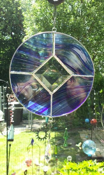 Round Swirled Blue Stained Glass Sun Catcher With Bevel Center
