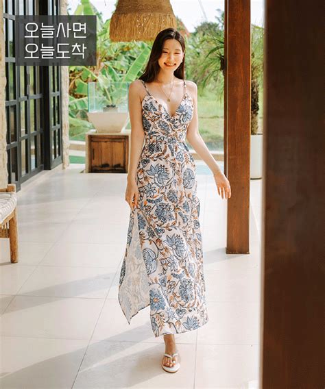 오늘도착 페이즐리 원피스 ~m 브이넥 민소매 끈나시 리본 옆트임 롱 휴양지 비치웨어 비치원피스 에이블리