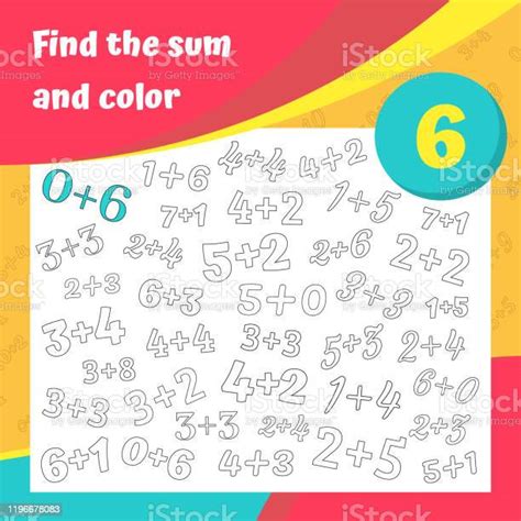 합계 및 색상 추가 워크 시트 세트를 찾습니다 색칠 하기 책 페이지입니다 수학 게임 또한 쓰기 및 검색 기술 교육 연습 개체 그룹에 대한 스톡 벡터 아트 및 기타 이미지