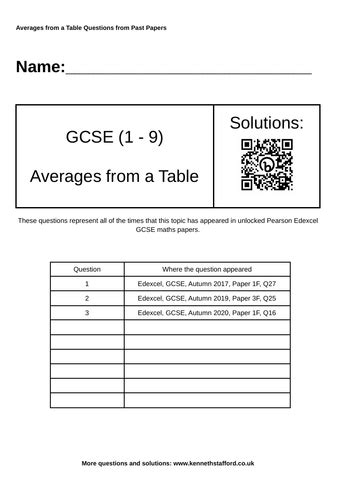 Averages From A Table Gcse Maths Past Paper Questions Teaching Resources