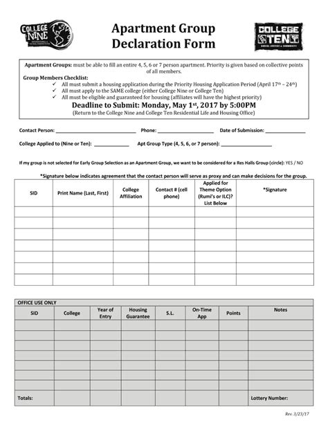 Fillable Online 2017 Apartment Group Declaration Form College Nine