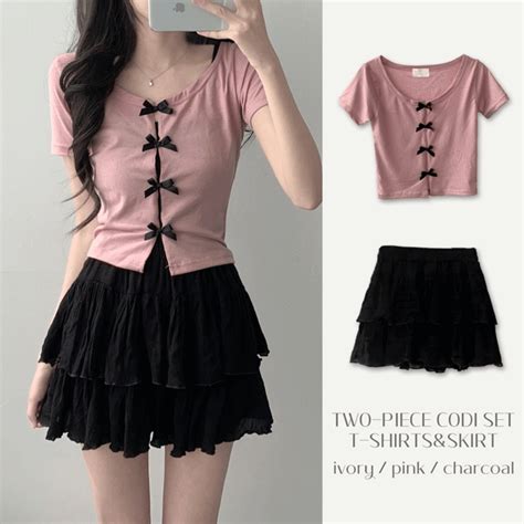 코디세트러블리🎀 허그 트임 리본 반팔 티셔츠밴딩 캉캉 미니 스커트 투피스 코디세트 에이블리