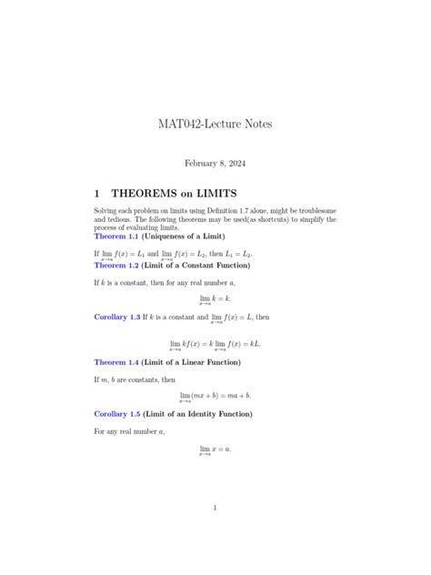 Mat042 Theorems On Limits Pdf Function Mathematics Complex Analysis