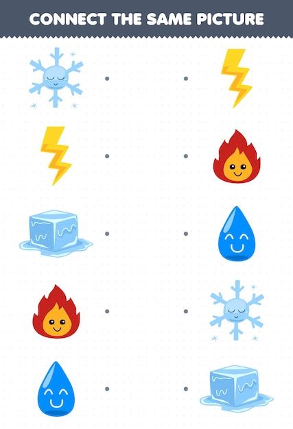 어린이를 위한 교육 게임은 만화 눈 천둥 얼음 불 물 인쇄 가능한 자연 워크시트의 동일한 그림을 연결합니다 프리미엄 벡터