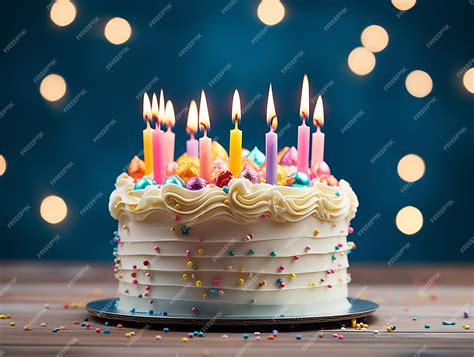 Pastel De Cumpleaños Blanco Con Velas De Colores Fondo Azul Foto Premium