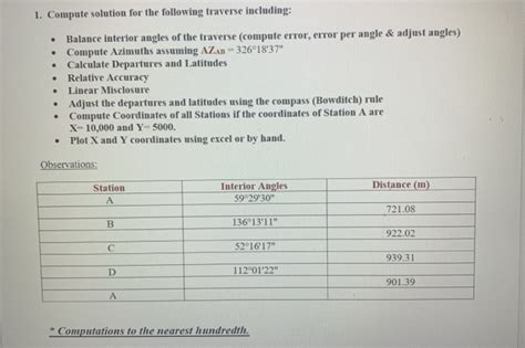 Solved 1 Compute Solution For The Following Traverse