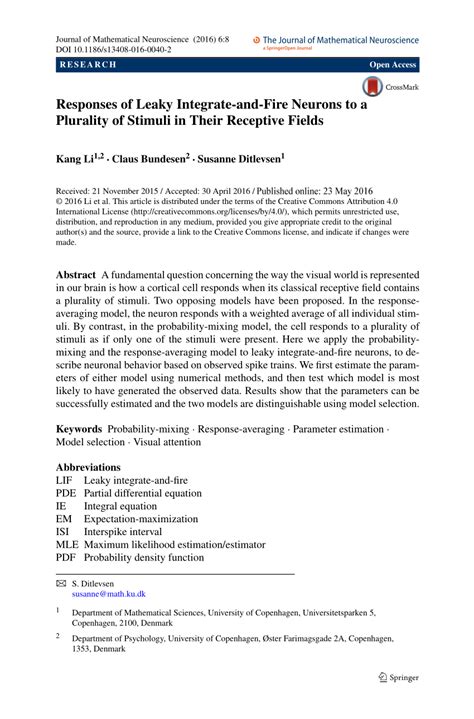 Pdf Responses Of Leaky Integrate And Fire Neurons To A Plurality Of