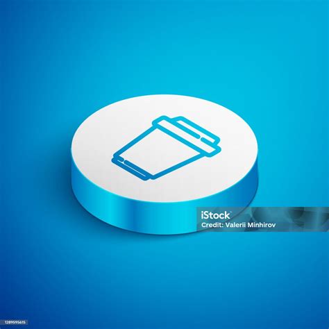 파란색 배경에 격리 된 아이콘을 이동하는 등색 라인 커피 컵 흰색 원 버튼입니다 벡터 3차원 형태에 대한 스톡 벡터 아트 및 기타 이미지 3차원 형태 누름 버튼 단일