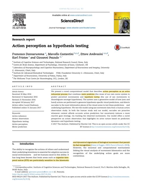 Donnarumma 2017 Action Perception As Hypothesis Testing Pdf
