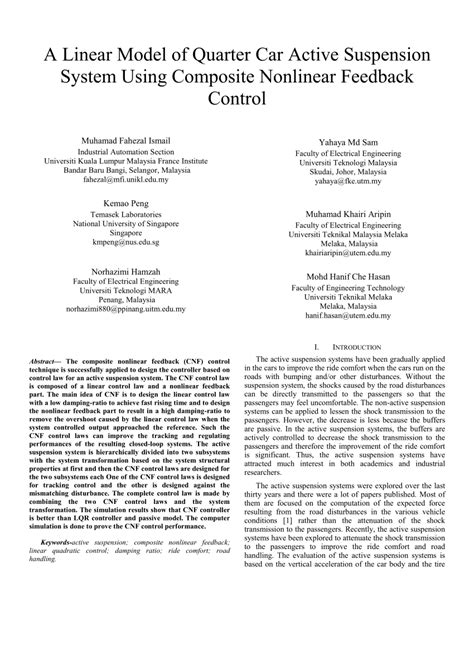 Pdf A Linear Model Of Quarter Car Active Suspension System Using Composite Nonlinear Feedback
