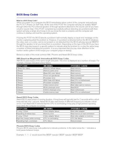 bios beep codes pdf bios personal computing