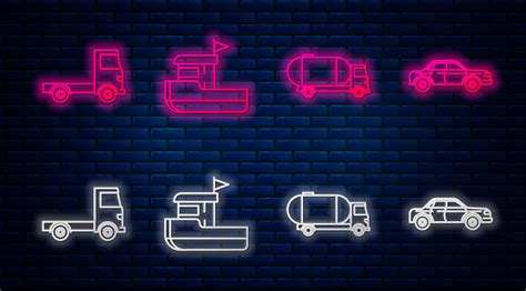 세트 라인 어선 유조선 트럭 배달화물 트럭 차량과 세단 자동차 벽돌 벽에 빛나는 네온 아이콘입니다 벡터 Brand Name Domestic Car에 대한 스톡 벡터 아트 및