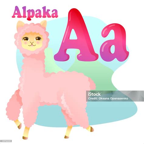 편지 A 분홍색 푹신한 알파카 또는 라마만화 스타일로 그려집니다 어린이 영어 알파벳 흰색 배경에 격리된 벡터 그림 귀 부분에