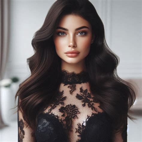 A Stunning Woman With Long Dark Hair Wearing An Elegant Black Lace Top