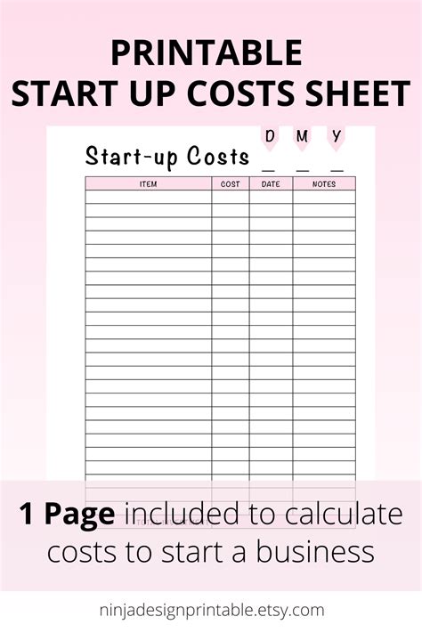 Printable Start Up Cost Sheet For Business Etsy Canada Business Planner Planner Cost Sheet