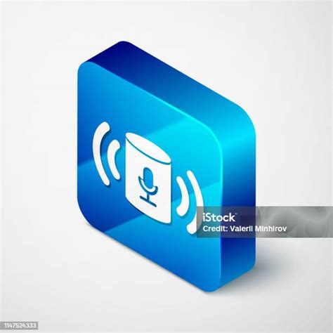 아이소메트릭 음성 길잡이 아이콘 흰색 배경에 고립입니다 음성 제어 사용자 인터페이스 스마트 스피커 파란색 사각형 버튼을 클릭